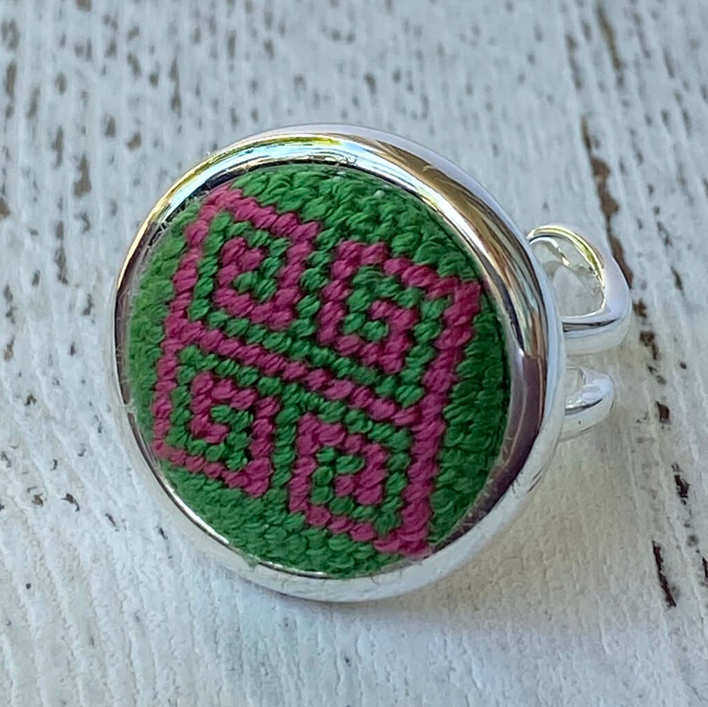 Pink & Green Greek Key Needlepoint Ring